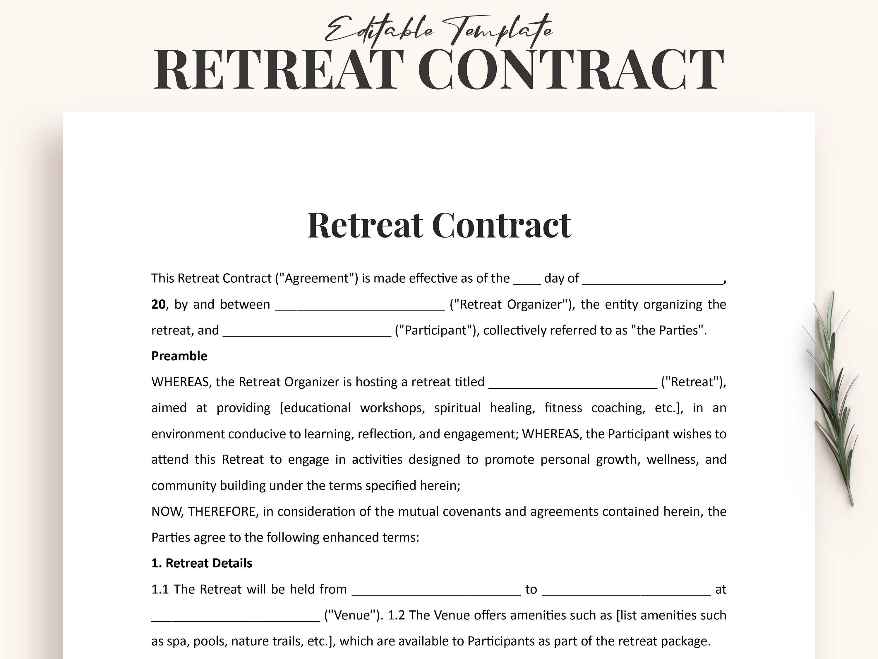 Retreat Contract Template - Customizable Agreement for Retreat ...