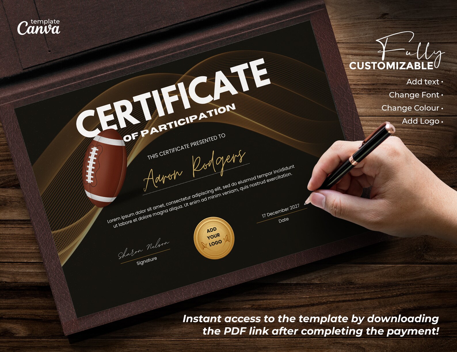 Editable American Football Certificate Template, Sports Certificate ...