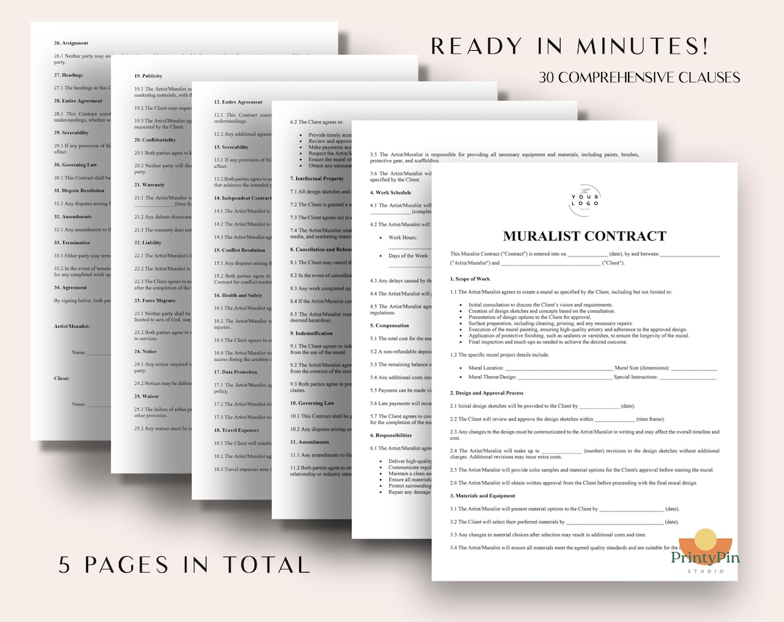 Editable Muralist Contract Template | Mural Agreement | Custom Wall Art ...