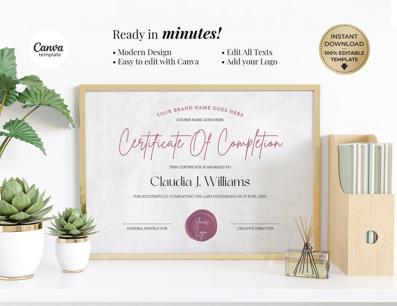Rose Gold Certificate of Completion Template Editable Lash - Etsy