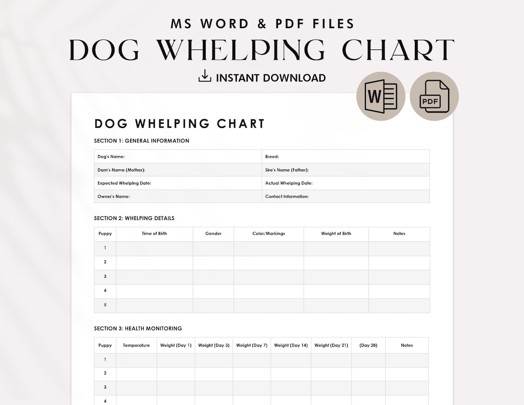 Dog Whelping Chart, Puppy Weight Tracker, Record Puppy Marking, Dog ...