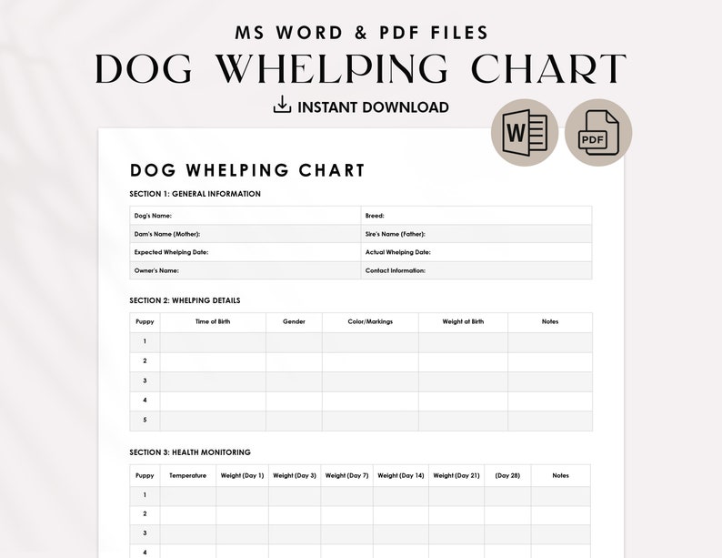 Dog Whelping Chart, Puppy Weight Tracker, Record Puppy Marking, Dog ...