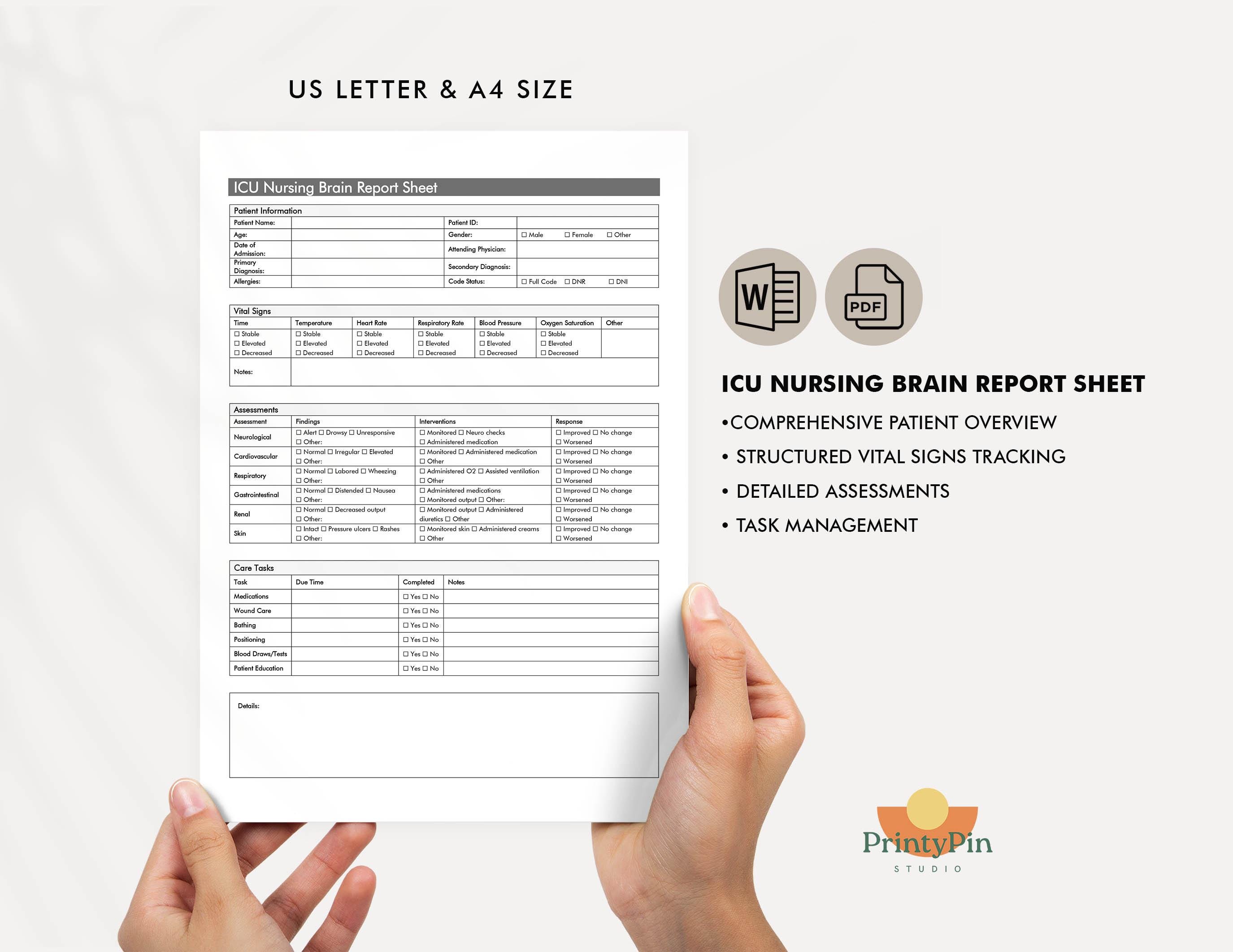 ICU Nursing Brain Report Sheet Template | Printable ICU Nurse Report ...