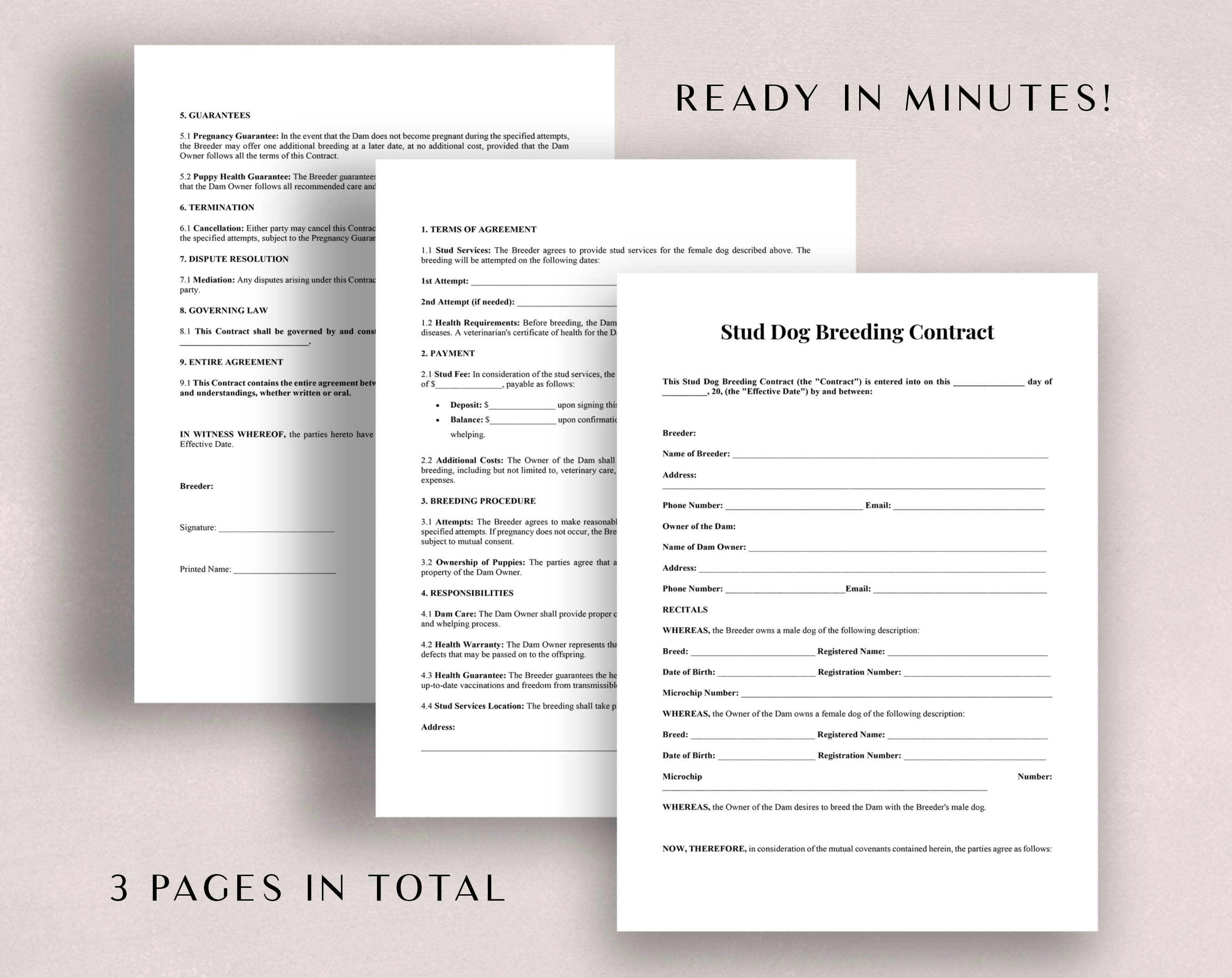 Printable Stud Dog Breeding Contract Template Word - Customizable Dog ...