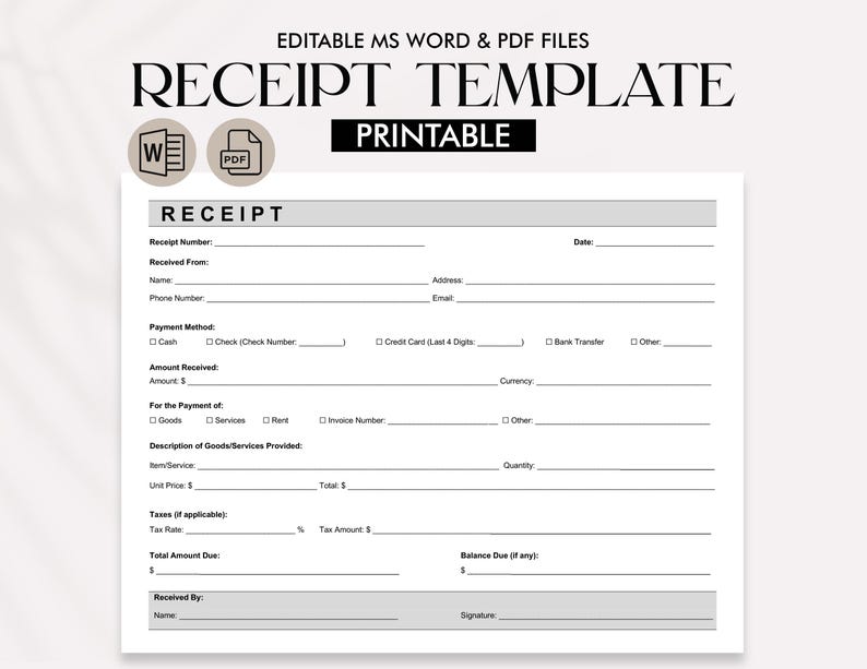 Printable Receipt Form Template | Customizable Payment Receipt PDF ...