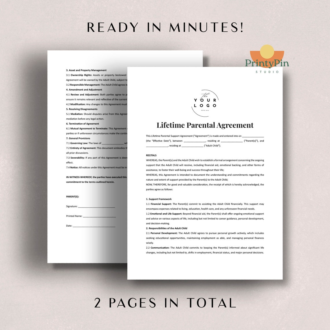 Lifetime Parental Agreement Template - Family Planning & Organization ...