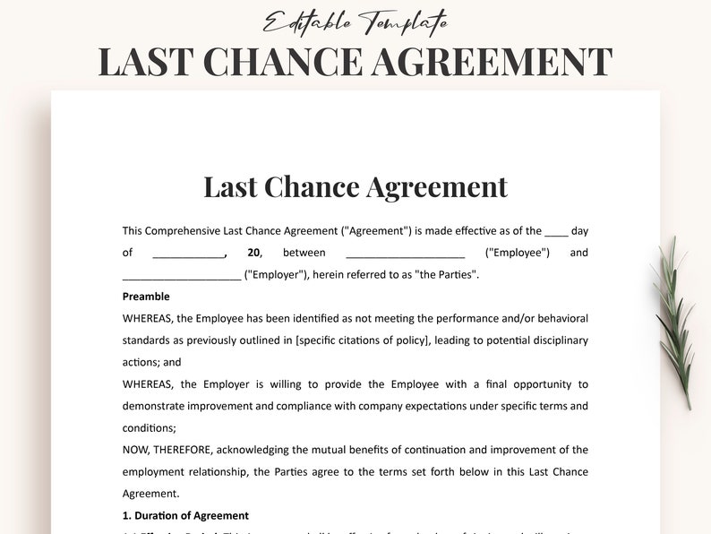 Last Chance Agreement Template - Editable Word & PDF Document for ...