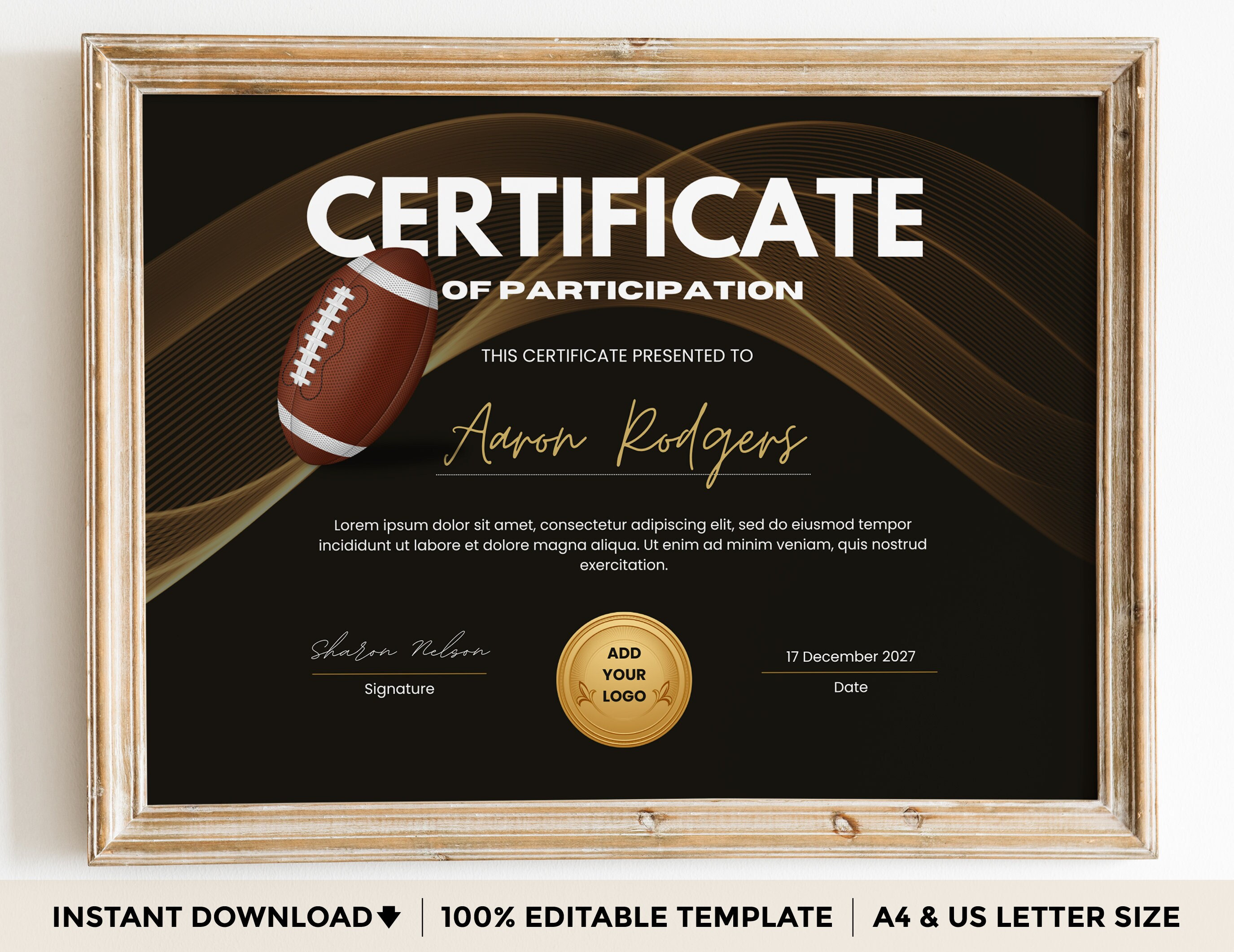 Editable American Football Certificate Template, Sports Certificate ...
