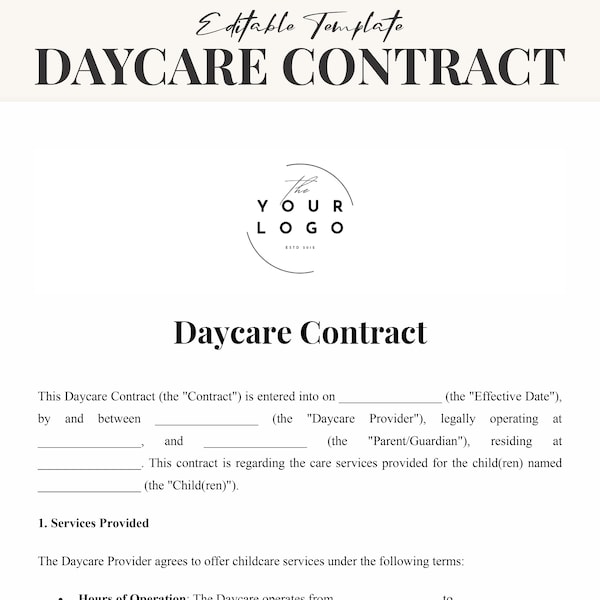 Printable Daycare Contract Template - Etsy Printable Daycare Contract Template - Etsy