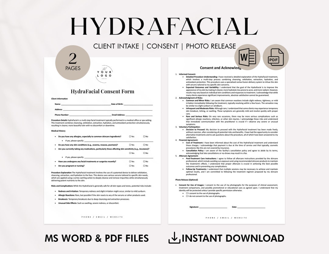 Hydrafacial Consent Form Template for Estheticians - Editable Client ...