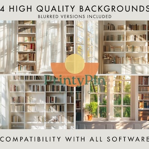 Sunny Home Library Zoom Backgrounds – 4 Bright Bookshelf Virtual ...