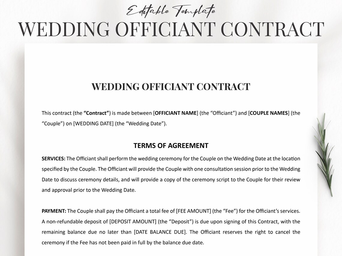 Wedding Officiant Contract Template, Editable Marriage Ceremony Terms ...
