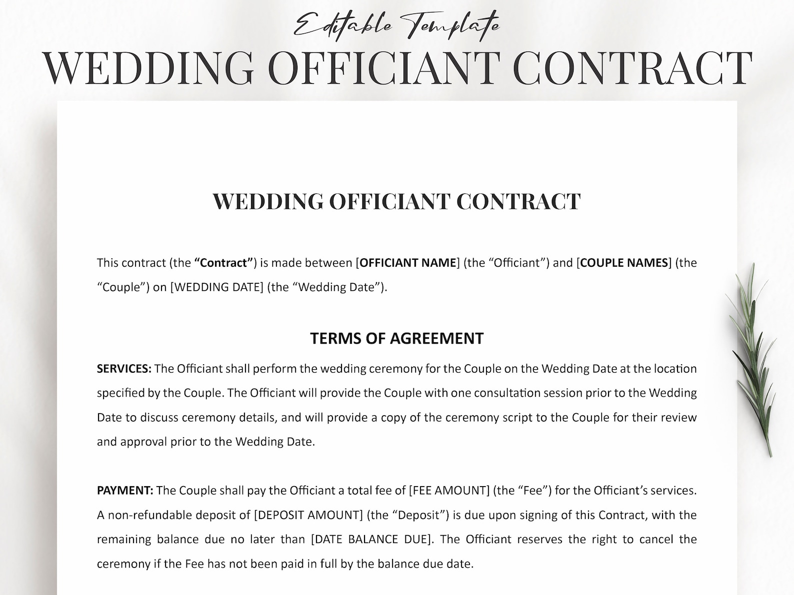 Wedding Officiant Contract Template, Editable Marriage Ceremony Terms ...