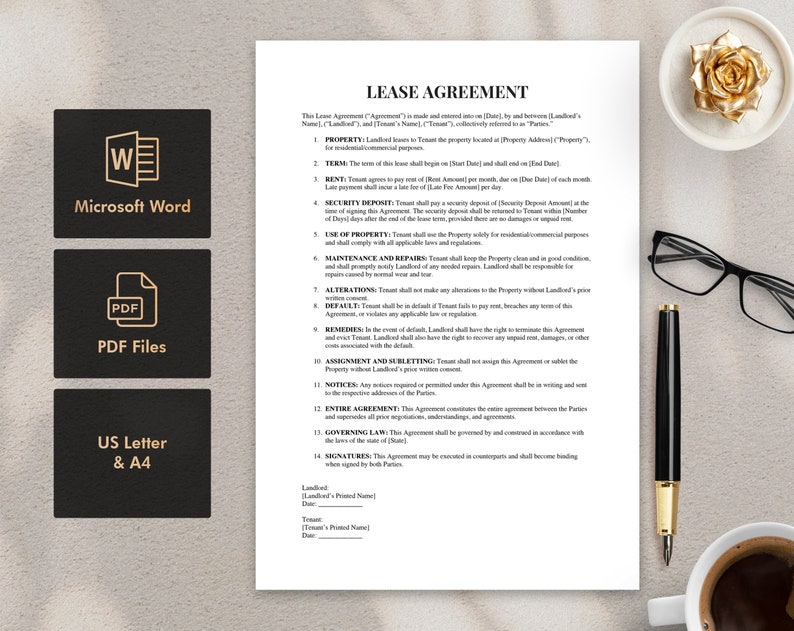 Lease Agreement Template, Editable Rental Agreement, Simple Lease ...