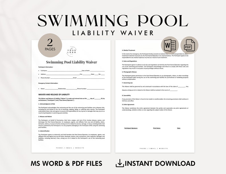 Swimming Pool Liability Waiver, Rental Pool Release, Airbnb Hot Tub ...