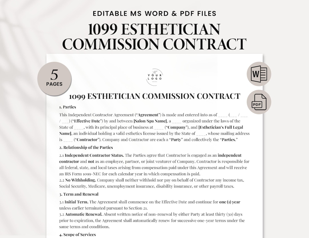 1099 Esthetician Commission Contract Template - Independent Contractor ...