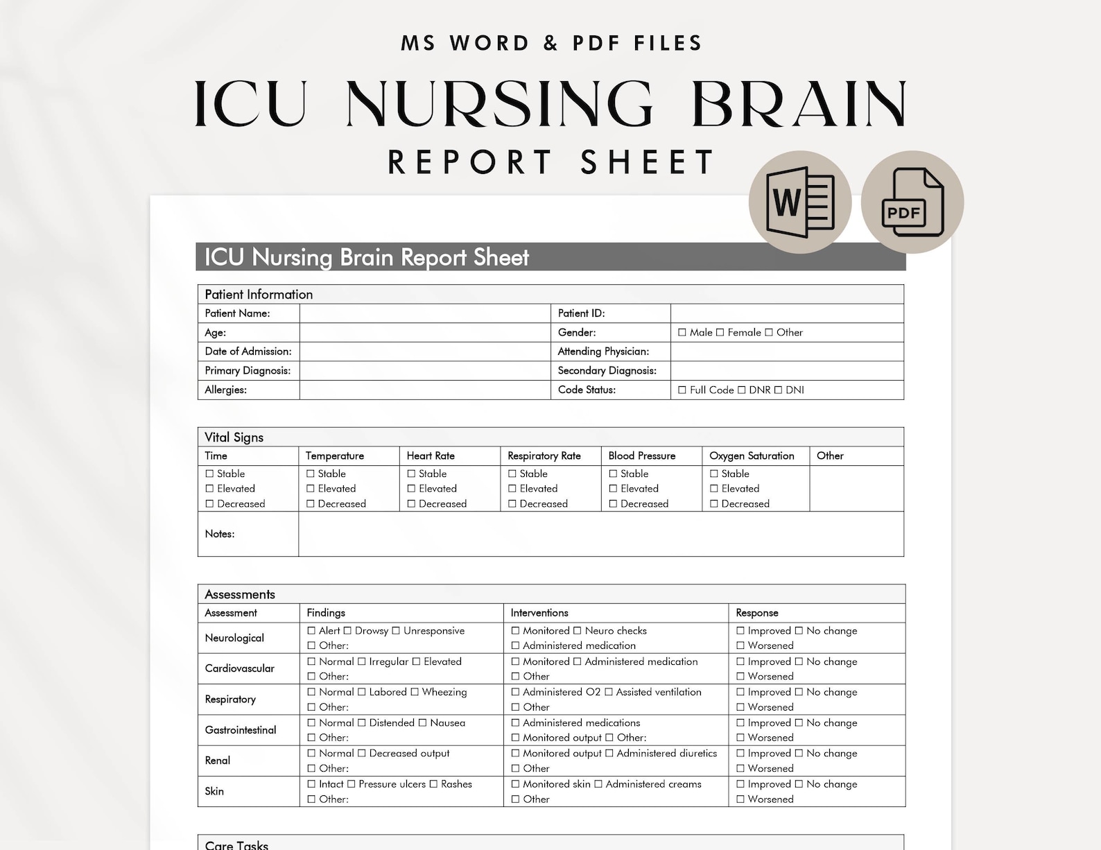 ICU Nursing Brain Report Sheet Template | Printable ICU Nurse Report ...