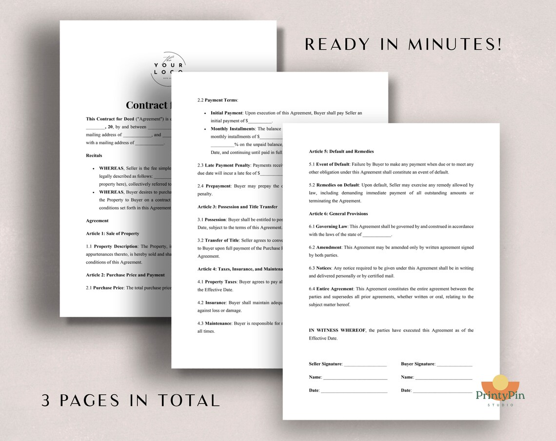 Contract for Deed Template - Customizable Contract for Home Purchase ...