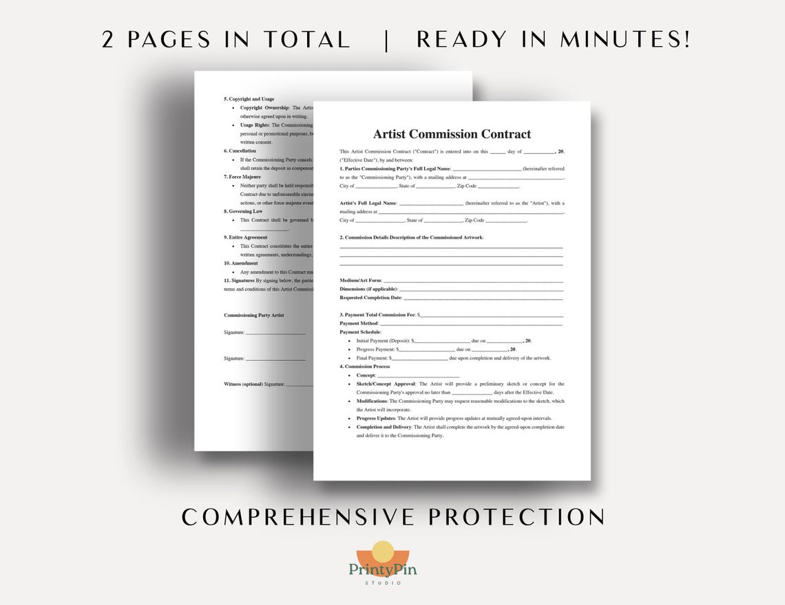 Artist Commission Contract Template Word / PDF - Fully Customizable and ...