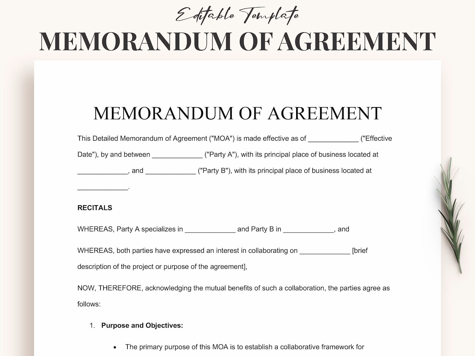 Memorandum of Agreement Template - Instant Download, Editable PDF ...