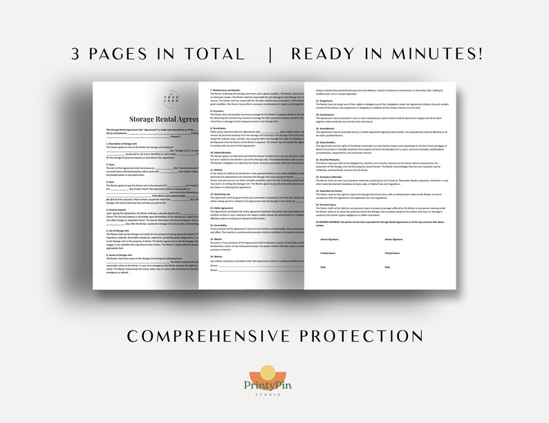 Storage Rental Agreement | Detailed Storage Unit Contract Word Template ...