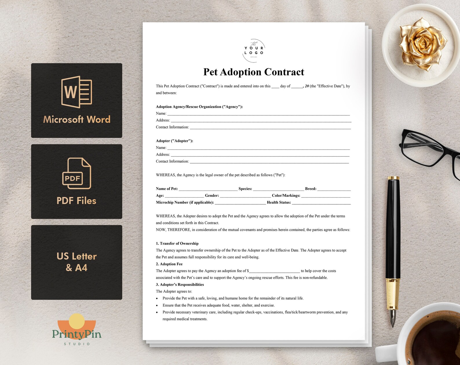 Pet Adoption Contract Template - Printable Pet Agreement Form for ...