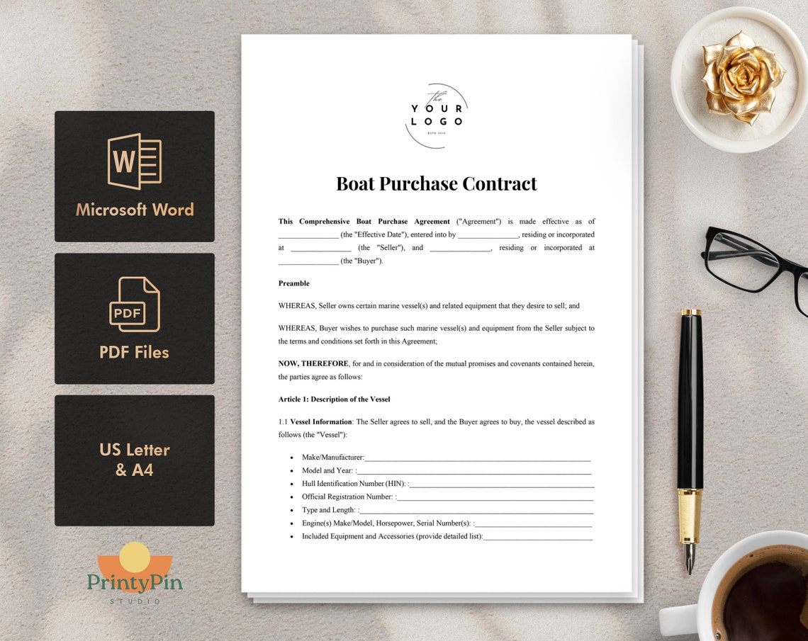 Boat Purchase Contract Template - Editable Marine Vessel Sale Agreement ...