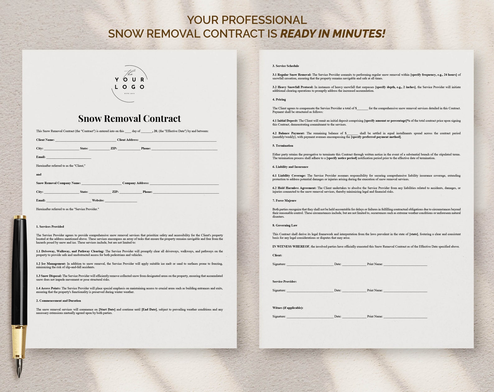 Snow Removal Contract Template - Printable Snow Plow Service Agreement ...