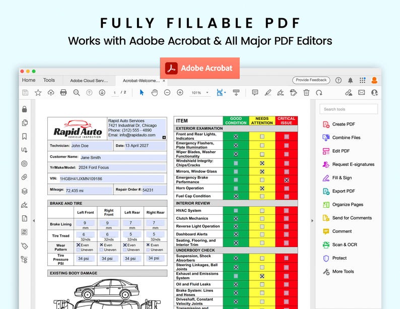 Editable Vehicle Inspection Report Template | Fillable PDF & Word Auto ...