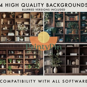 Artisanal Wood Bookshelf Zoom Backgrounds - Set of 4 Earth-tone Virtual ...