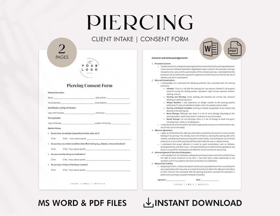 Piercing Consent Form Template - Professional Body Piercing Shop Forms ...