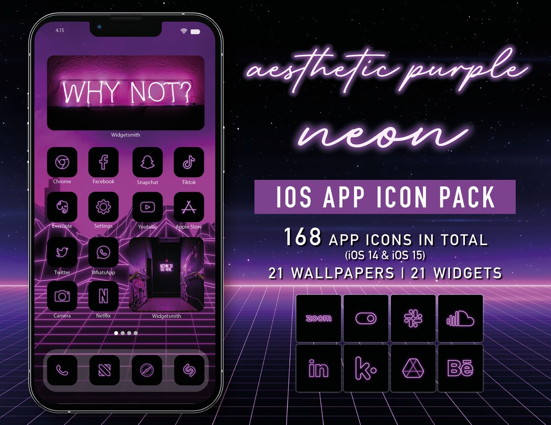 Purple Neon Ios 14-ios 16 App Icon Pack, Aesthetic Magenta Neon Icons ...