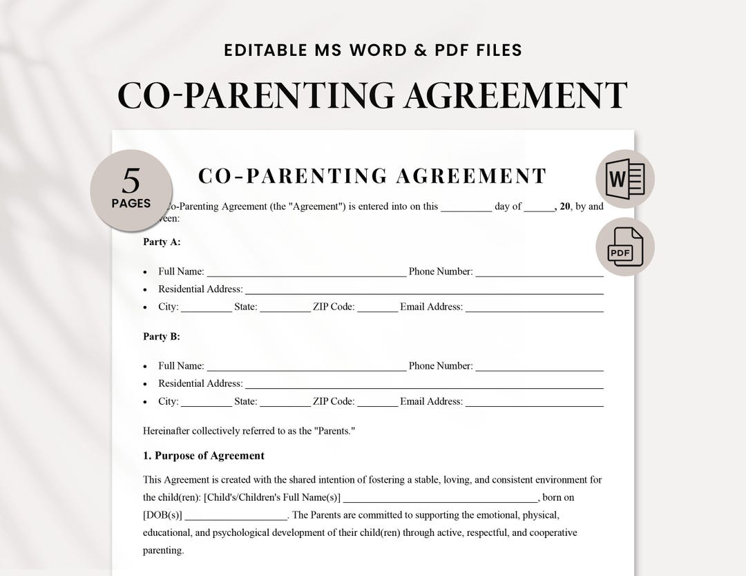 Co-parenting Agreement Template - Custody and Visitation | Printable ...