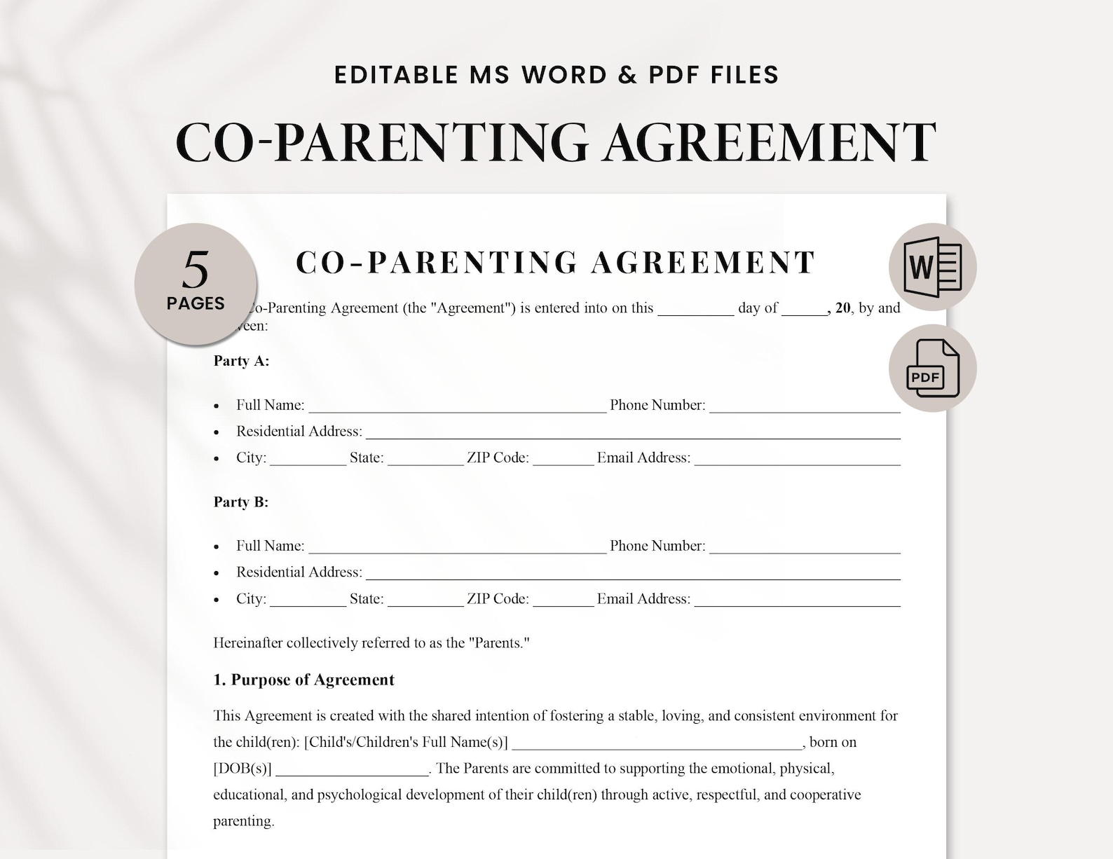 Co-parenting Agreement Template - Custody and Visitation | Printable ...