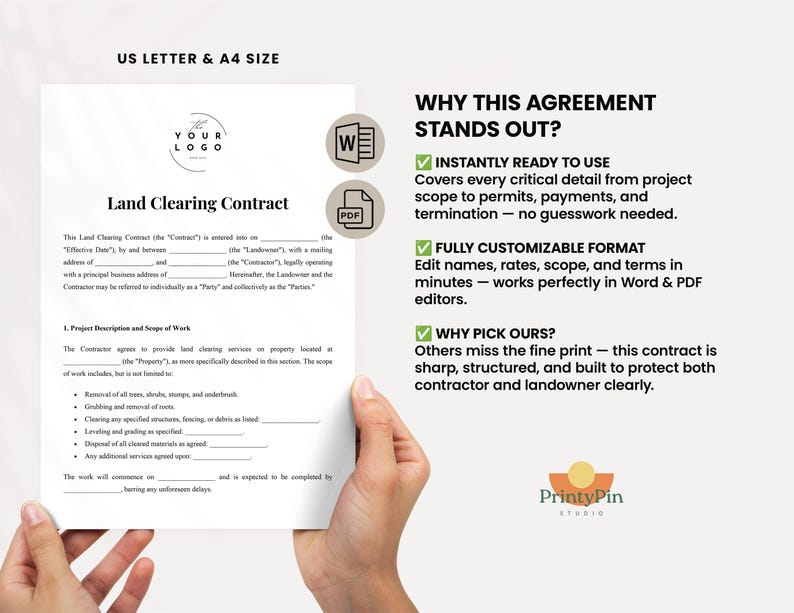 Land Clearing Contract Template - Editable Professional Agreement, Instant Download ...
