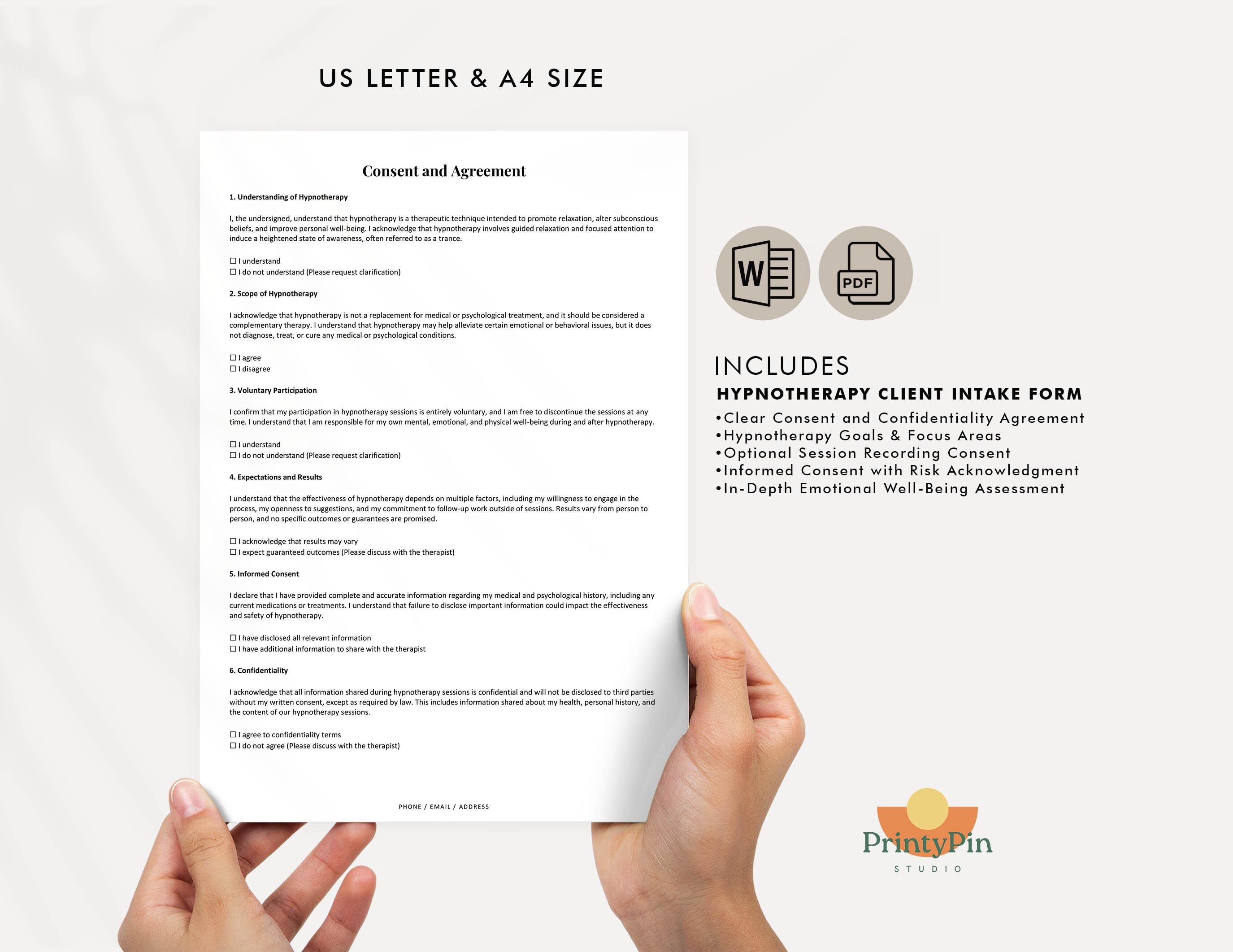 Hypnotherapy Client Intake Form Template | Hypnosis Consent, Medical ...