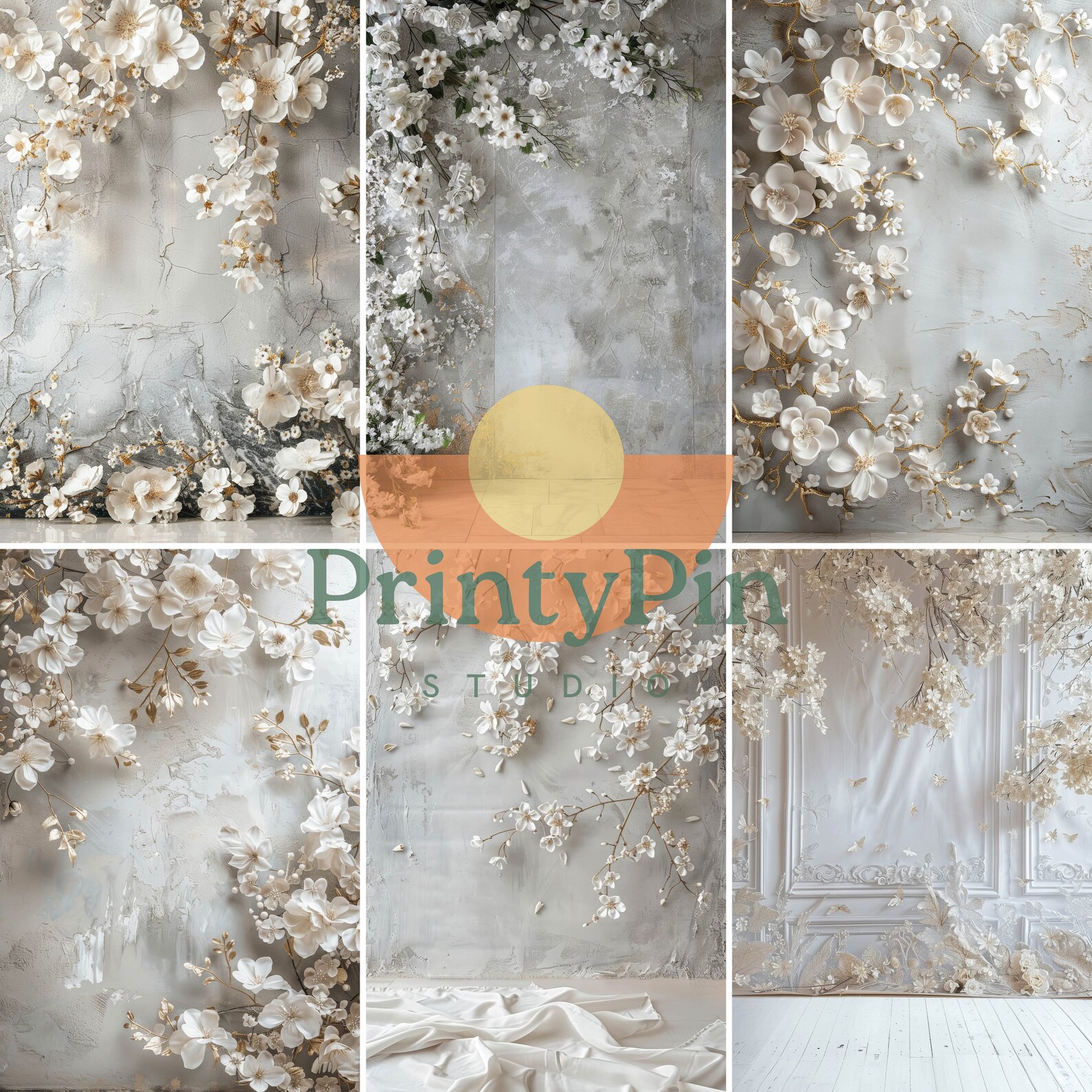 12 White Floral Digital Backdrops - 300 DPI Elegant Wedding & Portrait ...