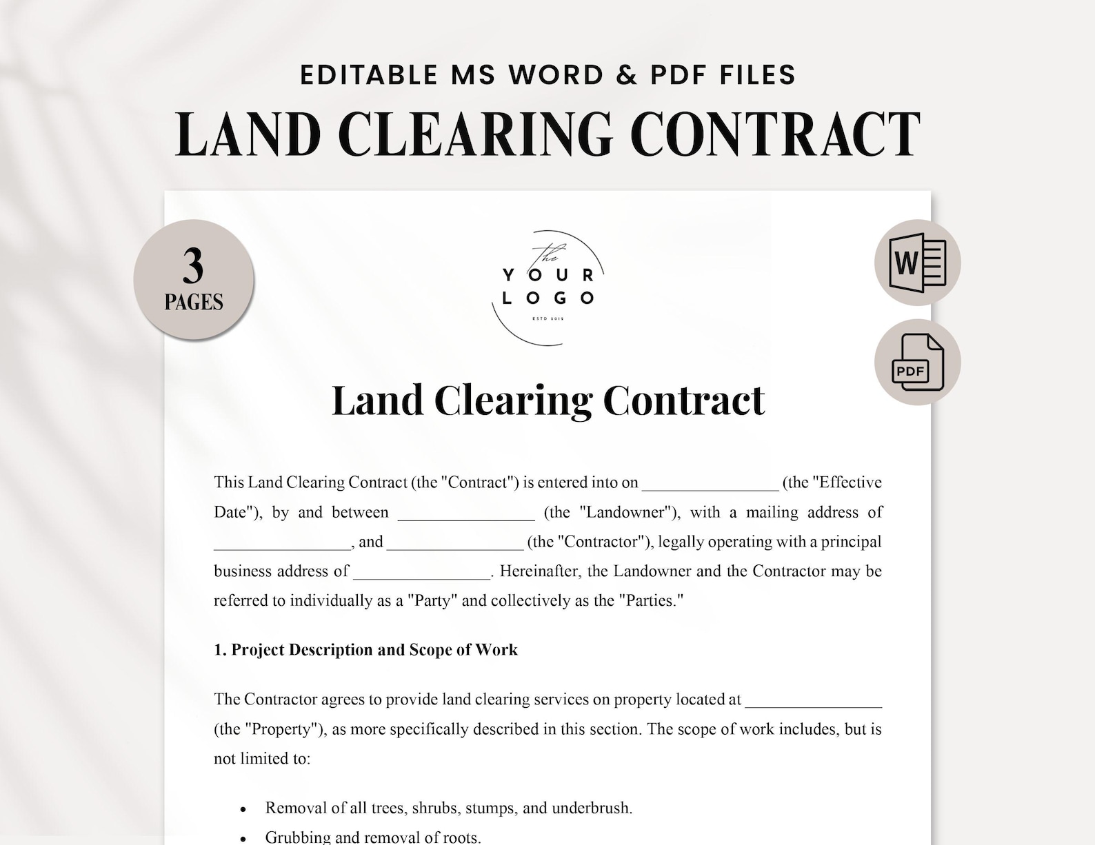 Land Clearing Contract Template - Editable Professional Agreement, Instant Download ...