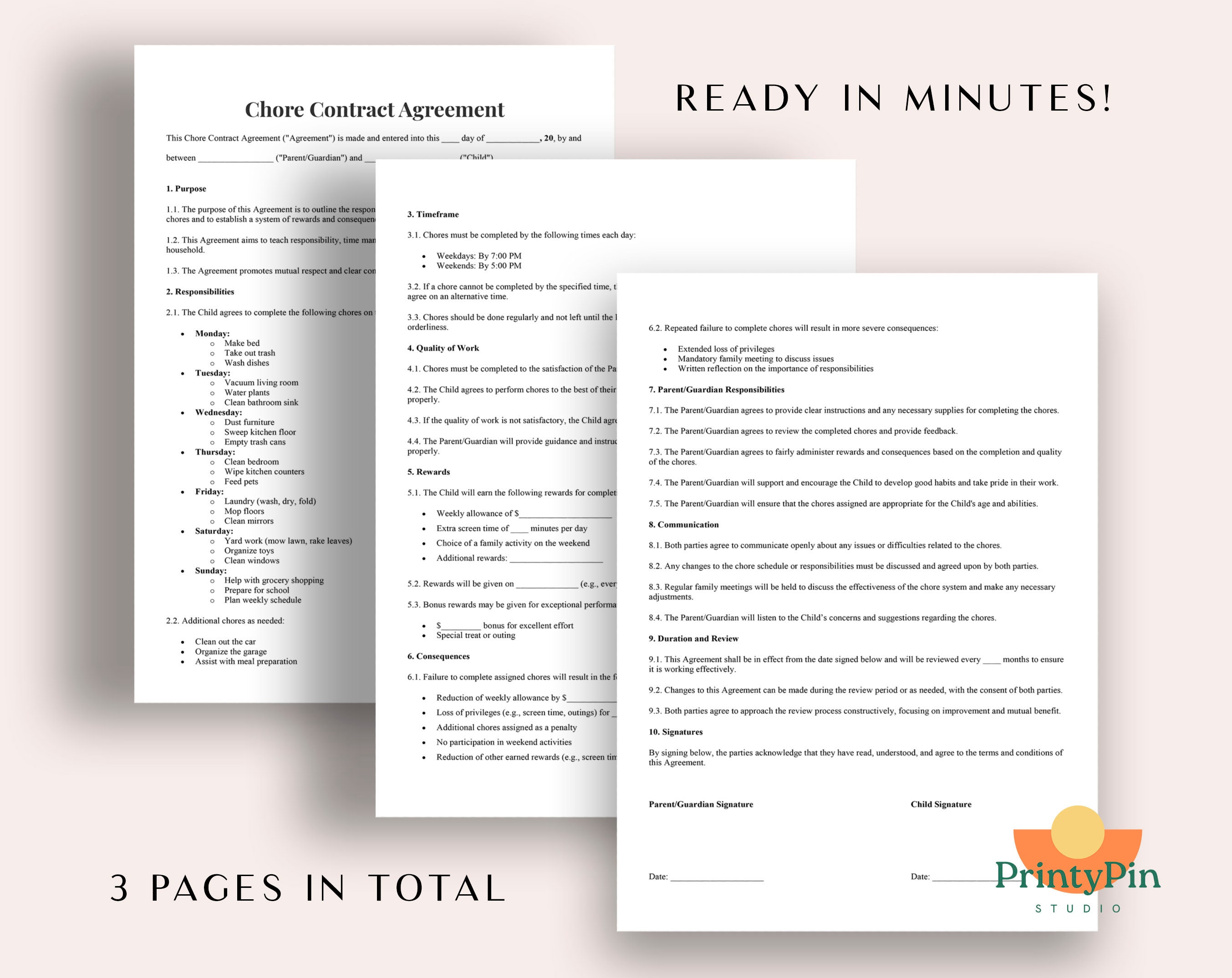 Chore Contract Template for Kids | Detailed Household Chores Agreement ...