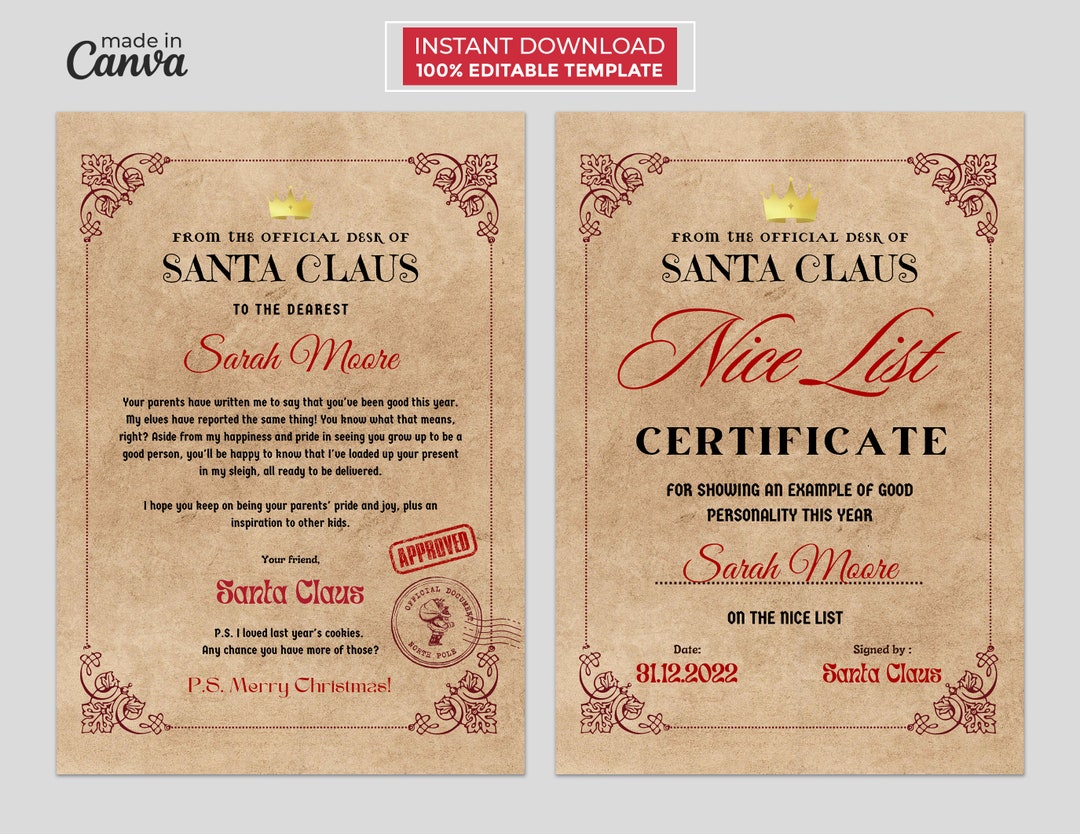 Instant Download Editable Santa Letter and Nice List Certificate ...