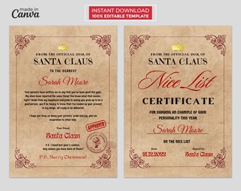 Instant Download Editable Santa Letter and Nice List Certificate ...