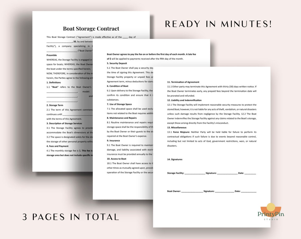 Boat Storage Contract Template - Customizable and Editable, Instant ...