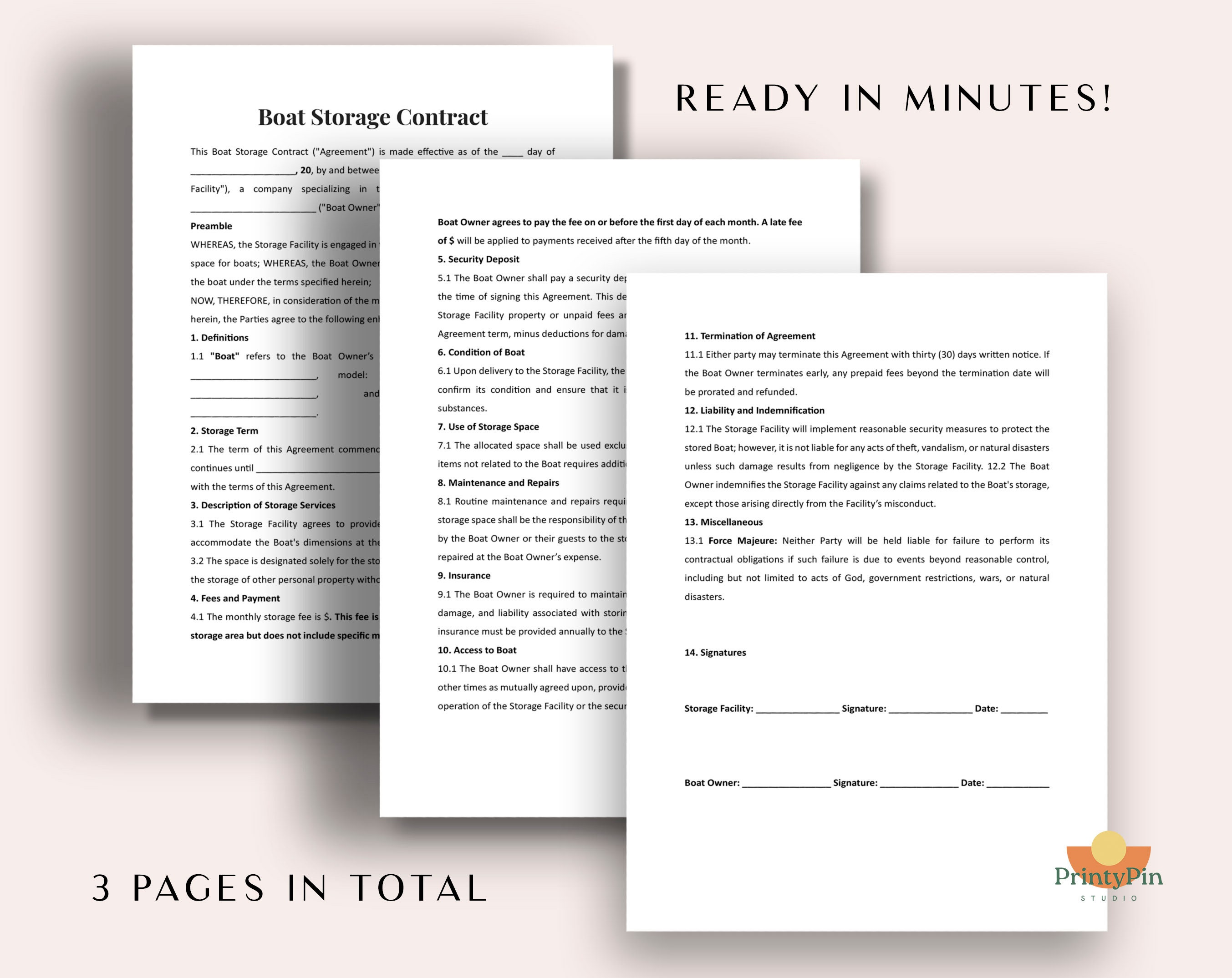 Boat Storage Contract Template - Customizable and Editable, Instant ...