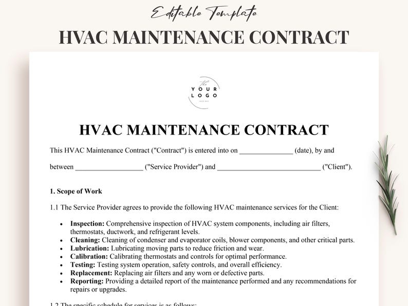 HVAC Maintenance Contract Template | Editable Heating & Cooling Service ...