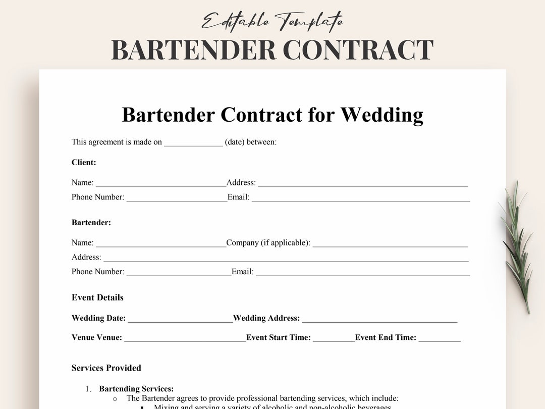 Bartender Contract for Wedding - Editable and Printable Bartending ...