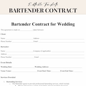 Bartender Contract for Wedding - Editable and Printable Bartending ...