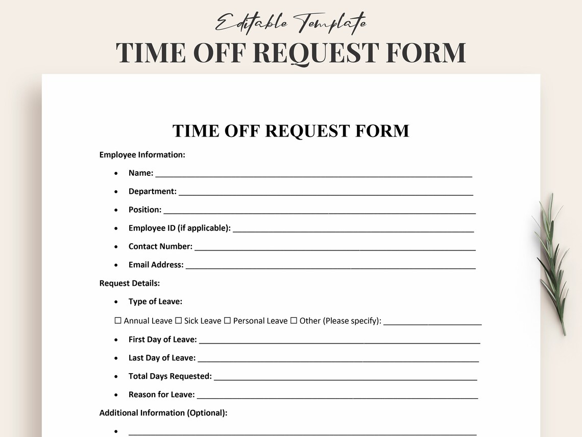 Editable Time off Request Form Template Word - Professional Leave ...