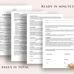 Esthetician Employment Contract Template | Skincare Specialist Agreement | Editable Spa Job Form ...