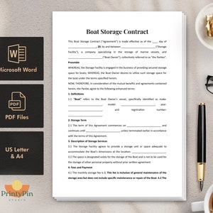 Boat Storage Contract Template - Customizable and Editable, Instant ...