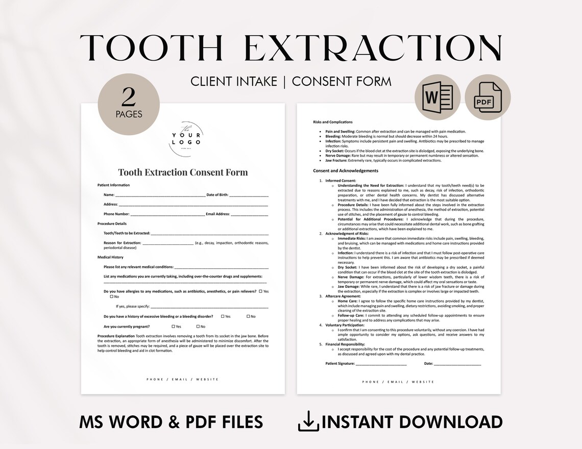 Tooth Extraction Consent Form Template - Editable Dental Forms, Word ...